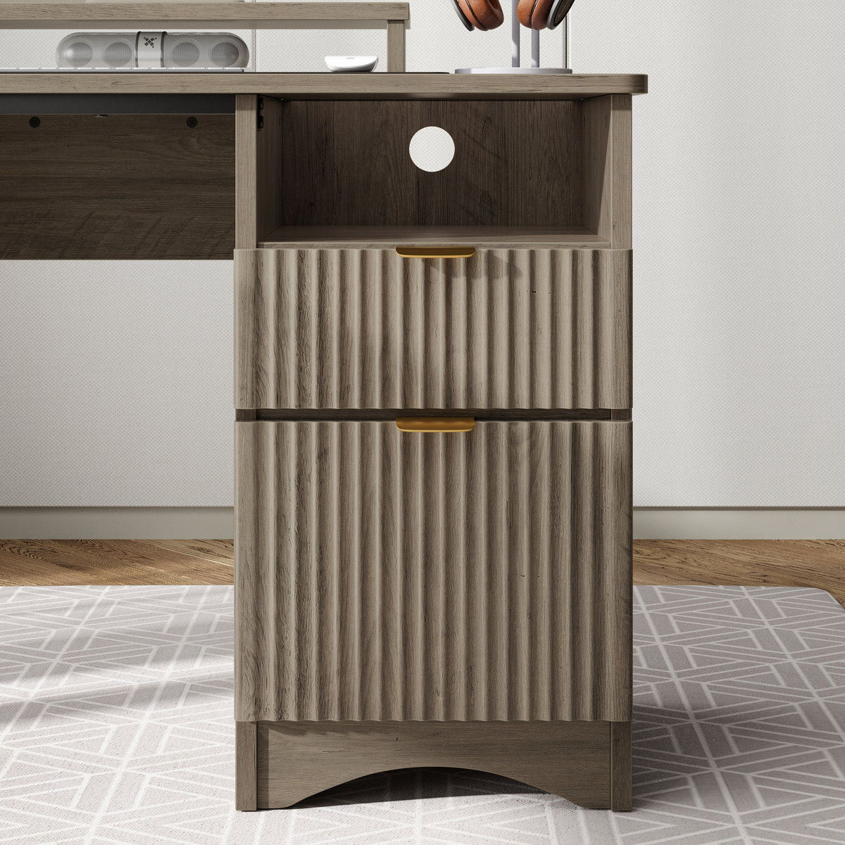 17 Stories Daymen 55Inch Lift Top L Shaped Desk with Power Outlet, Fluted Computer Desk with ...